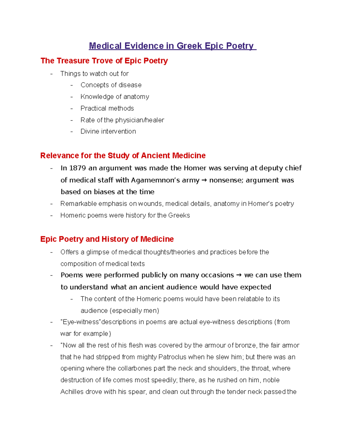 Week 3 - Week 3 lecture notes - Medical Evidence in Greek Epic Poetry ...