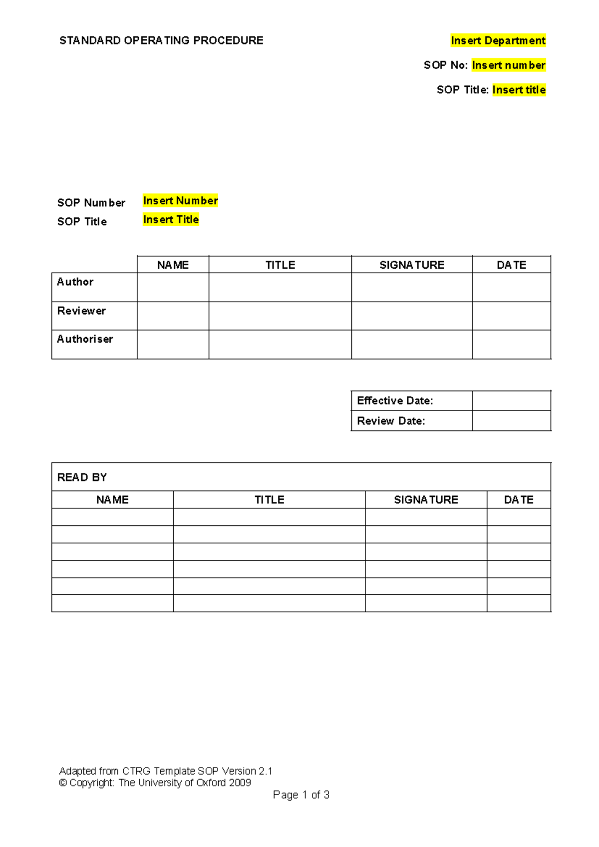 SOP FOR Group - SOP - STANDARD OPERATING PROCEDURE Insert Department ...
