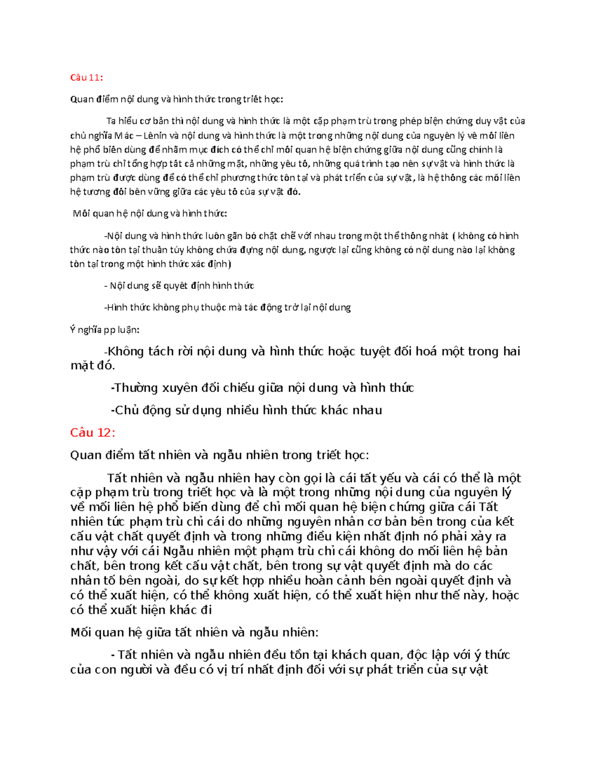 Câu 11 đến 15 1 - ghsjd - Câu 11: Quan đi m n i dung và hình th c trong ...