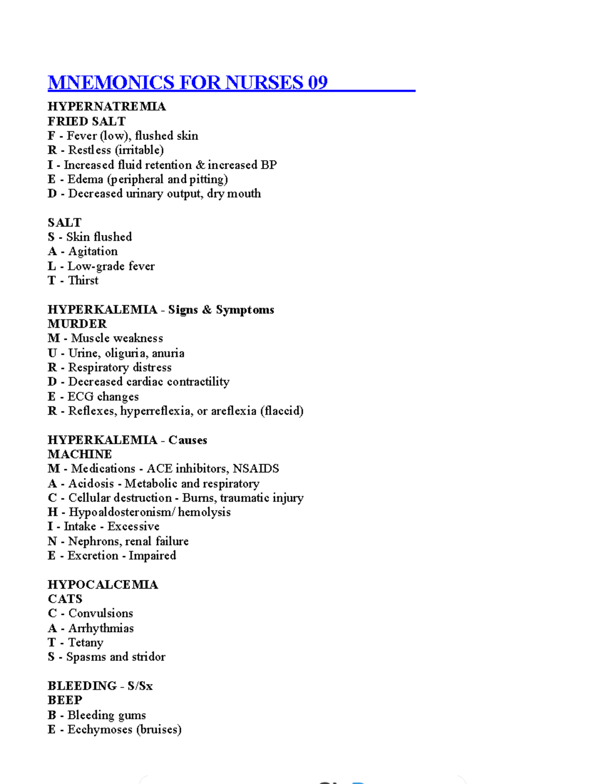 Nursing Mneumonics - every hour when awake. - to reduce the risk for ...