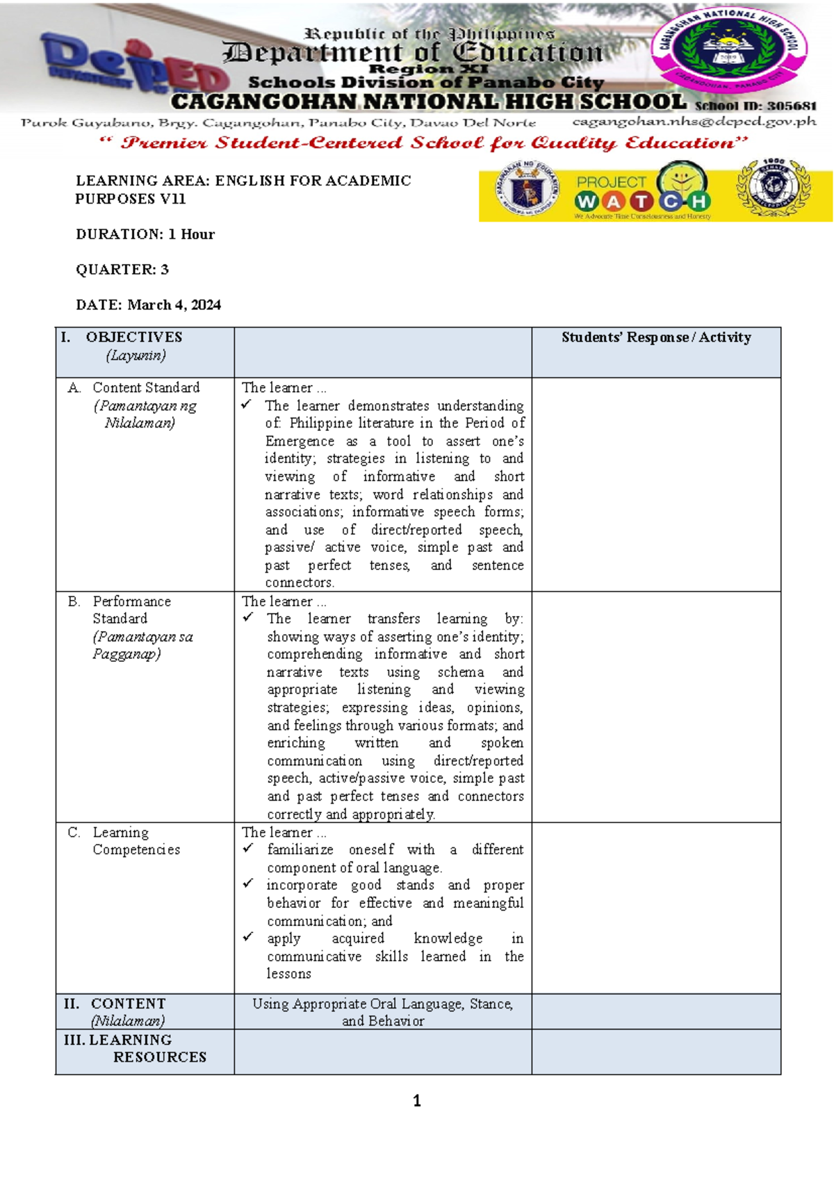 LP-in-ENG-Q3 W2 Day1 - Lesson Plan Grade 7 - LEARNING AREA: ENGLISH FOR ...