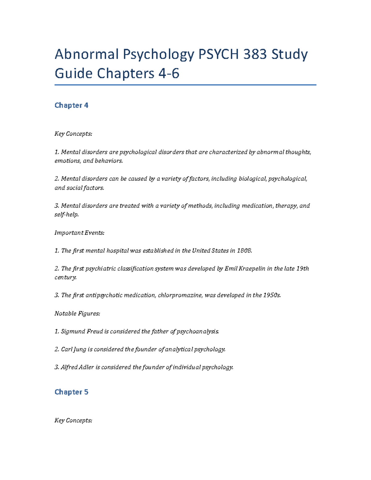 Abnormal Psychology PSYCH 383 Study Guide Chapters 4-6 - Mental ...