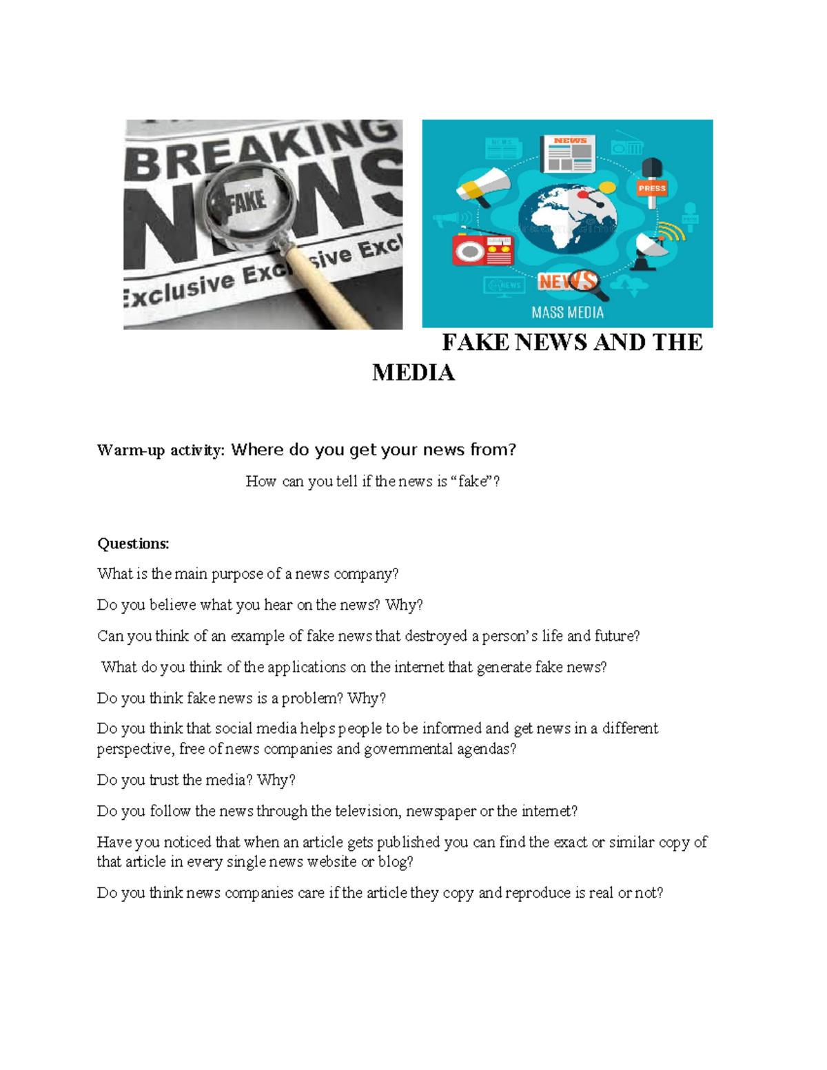 FAKE NEWS AND THE Media - FAKE NEWS AND THE MEDIA Warm-up activity ...