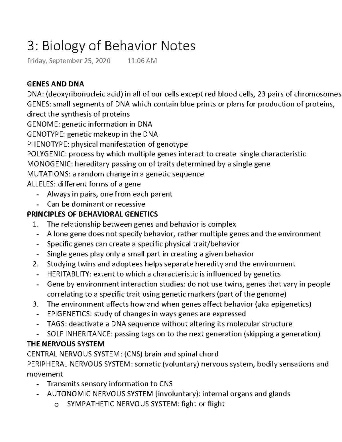 Ch 3 Biology of Behavior Notes - GENES AND DNA DNA: (deoxyribonucleic ...