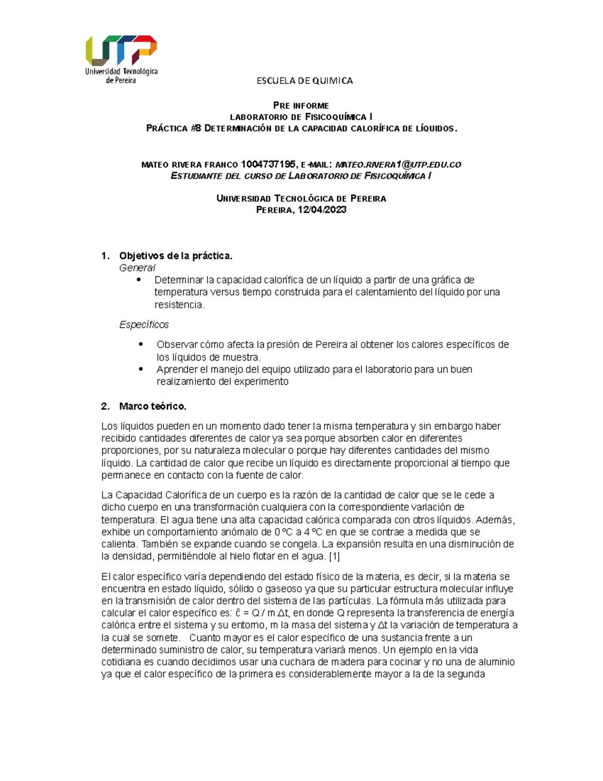 Preinforme 7 Calor De Combustion Escuela De Quimica Pre Informe