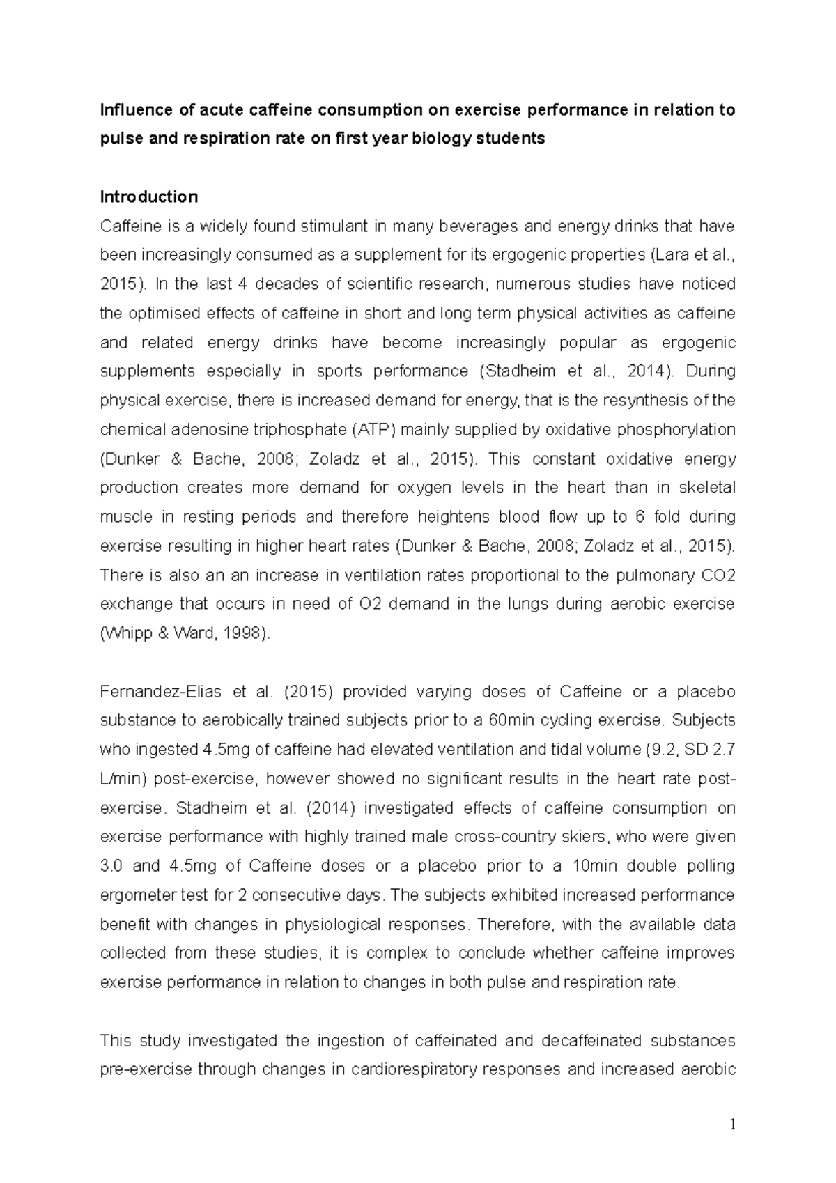 Caffiene Report Biol Final Influence Of Acute Caffeine Consumption