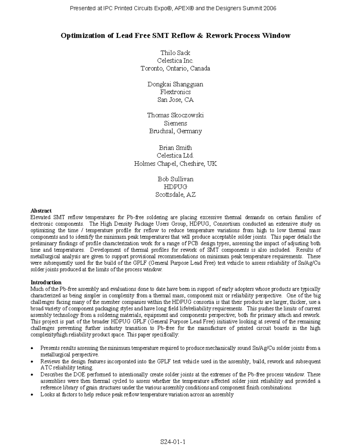 Optimization of Lead Free SMT Reflow - IPC - Presented at IPC Printed ...