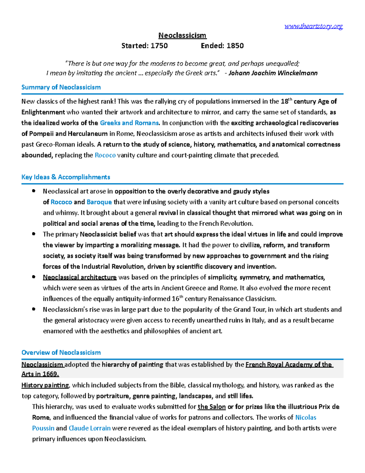 LEC3Neoclassicism Romanticism Handout - theartstory Neoclassicism ...