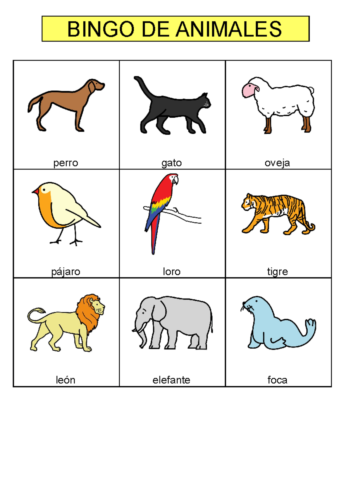 Bingo de animales - perro gato oveja pájaro loro tigre león elefante ...