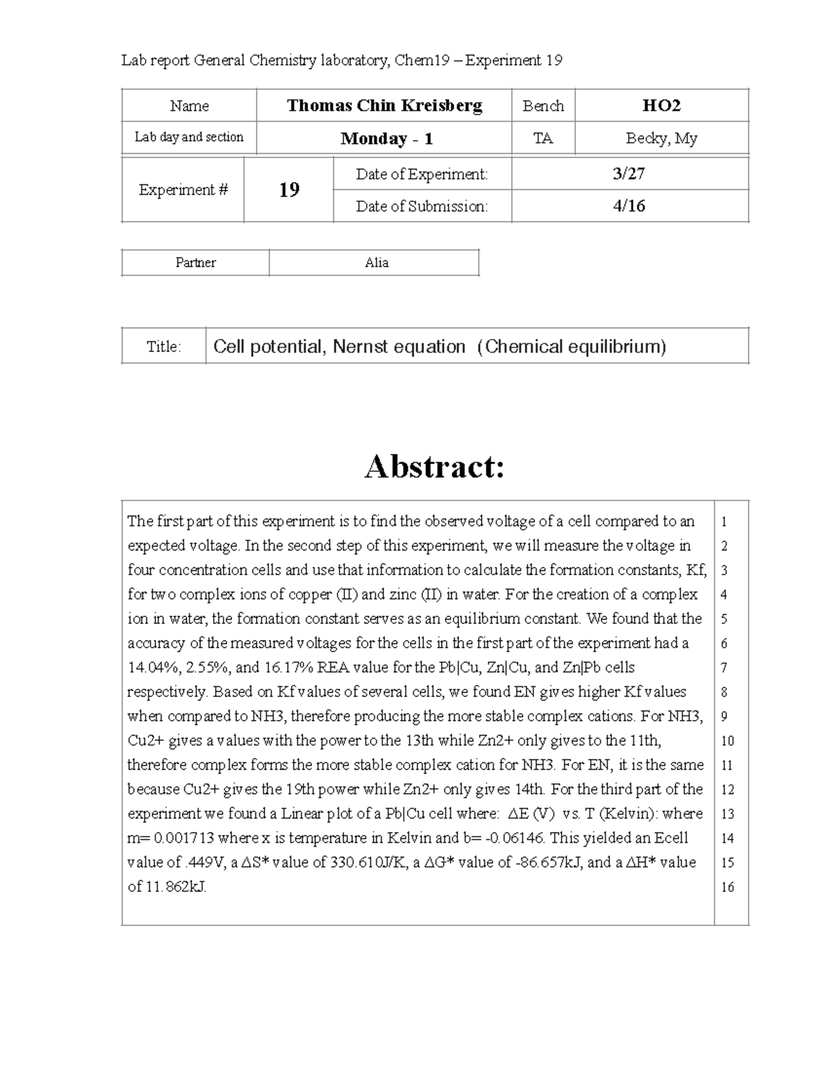 Postlab 19 - Abstract: Name Thomas Chin Kreisberg Bench HO Lab day and section Monday - 1 TA ...