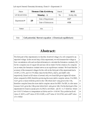Lab 3 Prelab assignment submission - General Chemistry laboratory, Chem 18/19 PRELAB ASSIGNMENT ...