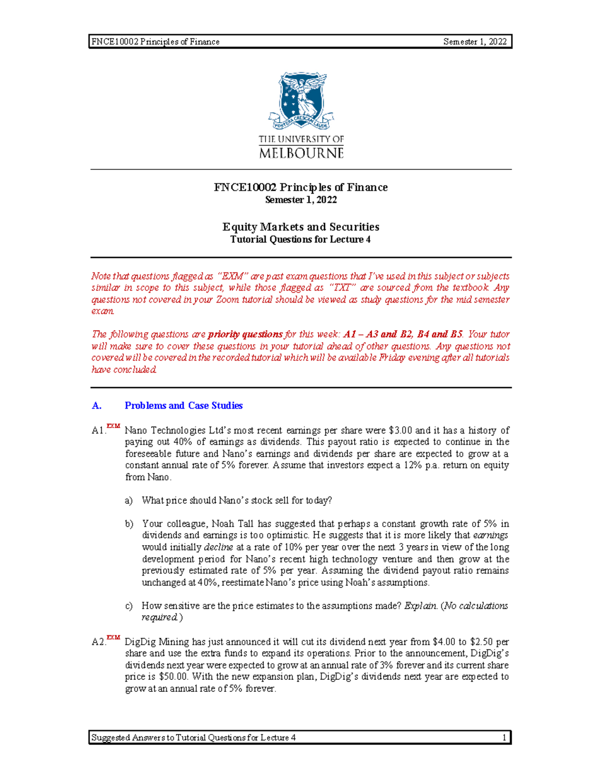 Tutorial 04 - Equity Val - FNCE10002 Principles of Finance Semester 1, 2022 Suggested Answers to ...