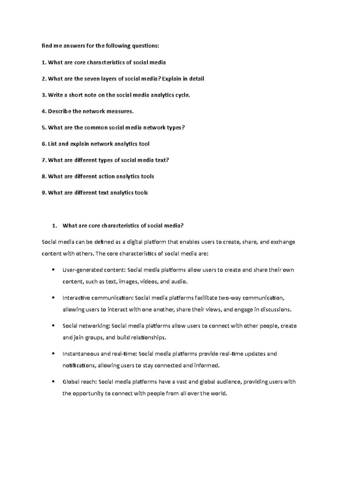 SMA - social media imp questions - find me answers for the following ...