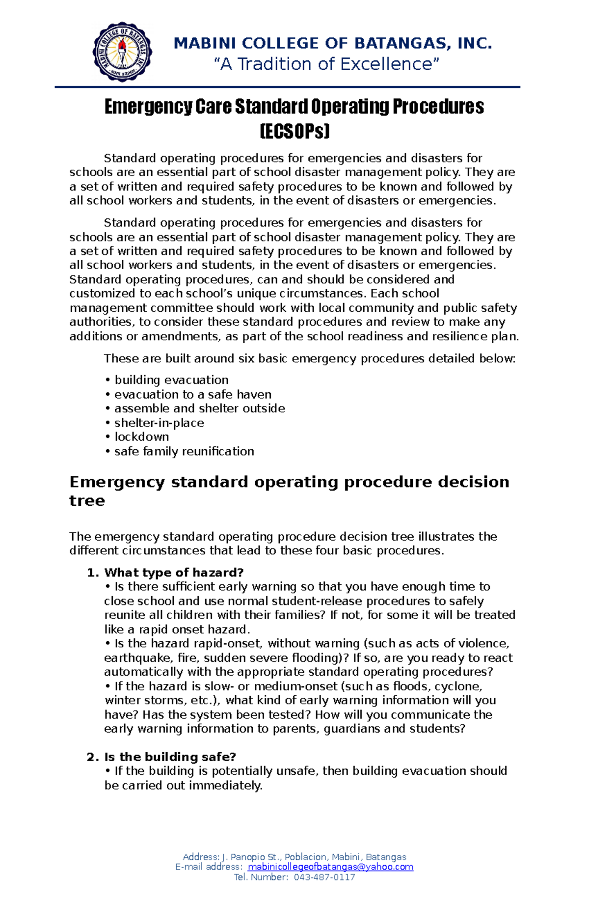 Emergency - SOP - “A Tradition of Excellence” Emergency Care Standard ...