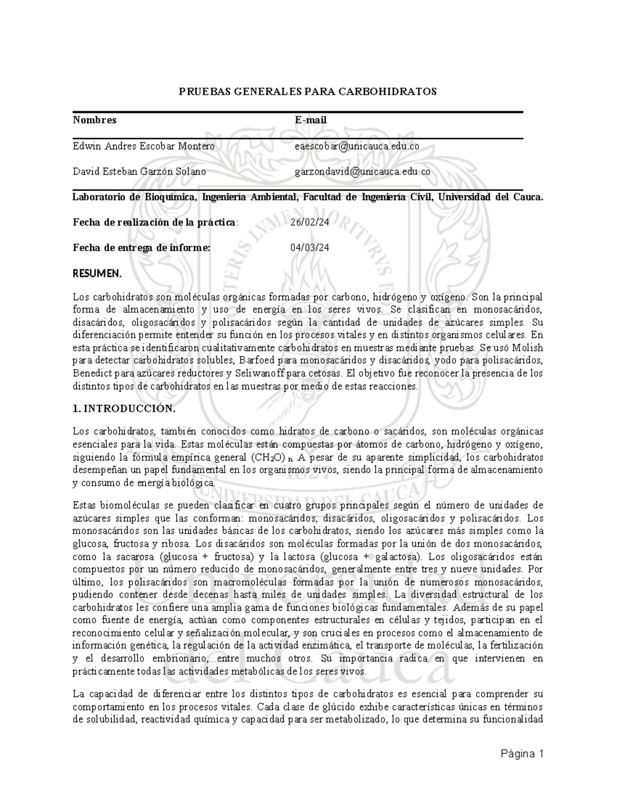 Laboratorio N°2 de Bio Quimica - PRUEBAS GENERALES PARA CARBOHIDRATOS ...