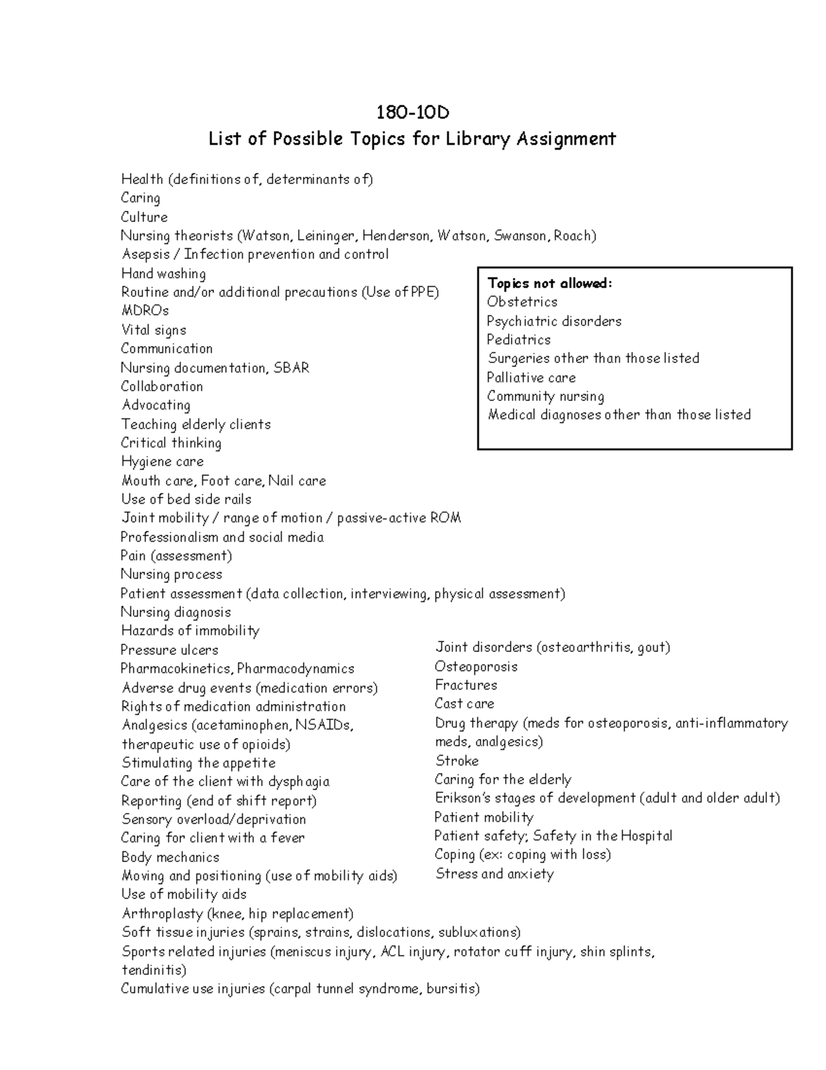 10D List of possible topics - 180-10D List of Possible Topics for ...