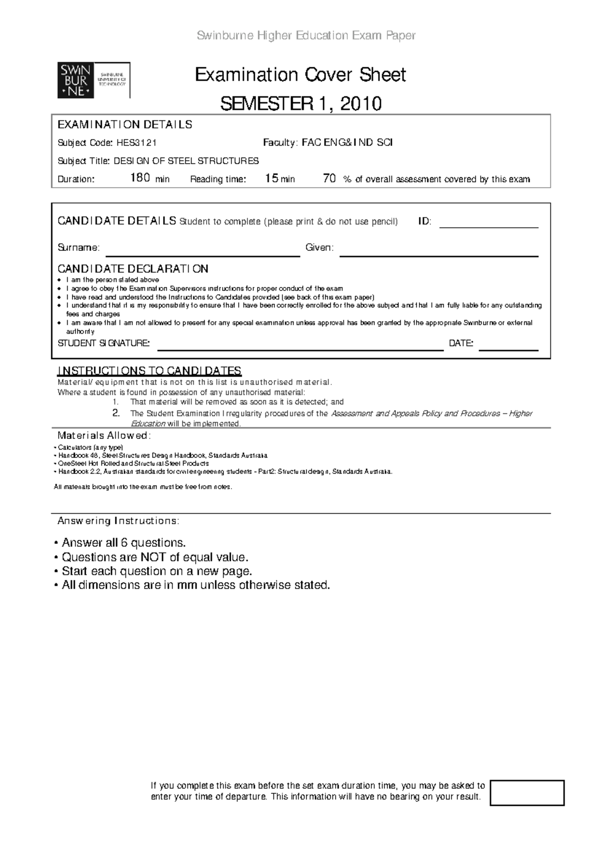 Exam 2010, questions - Semester 1 - Swinburne Higher Education Exam ...