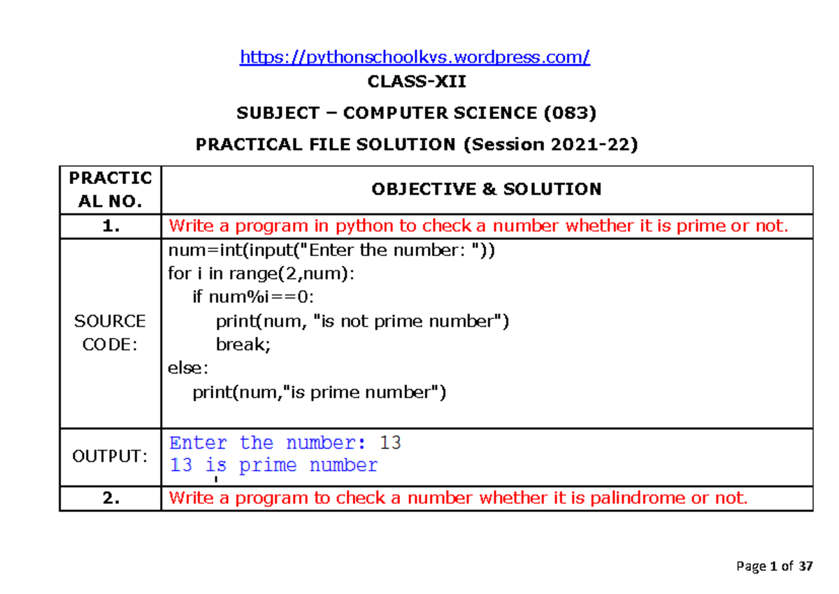 Solution Of Practicals Class Xii Comp Pythonschoolkvs Wordpress Class Xii Subject Computer