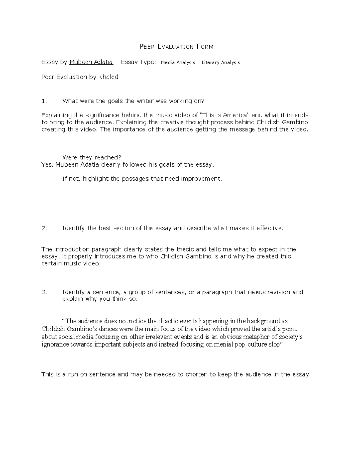 Workshop - Peer Evaluation Form - PEER EVALUATION FORM Essay by Mubeen ...