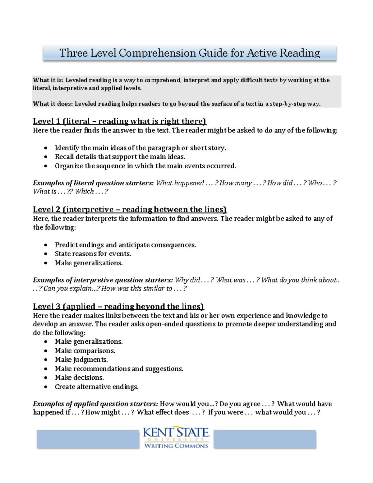 Three Level Comprehension Guide for Active Reading - What it does: Leveled reading helps readers ...
