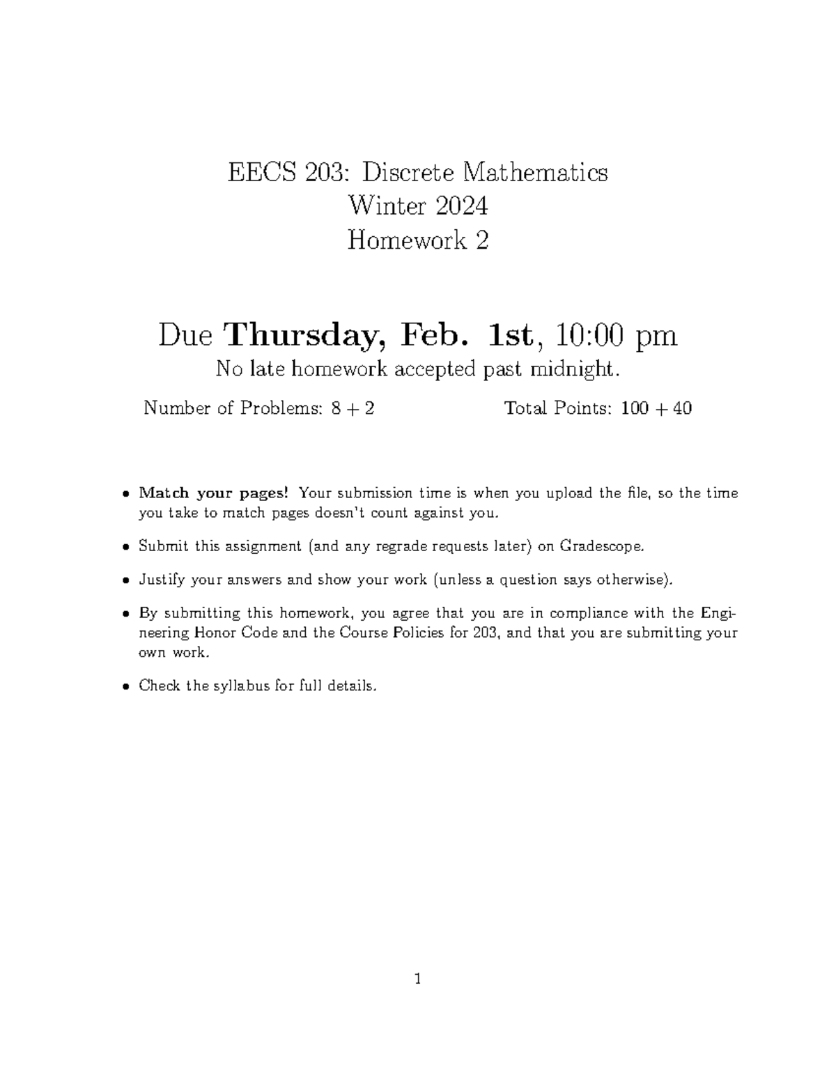 Homework 2 - EECS 203: Discrete Mathematics Winter 2024 Homework 2 Due Thursday, Feb. 1st, 10:00 ...