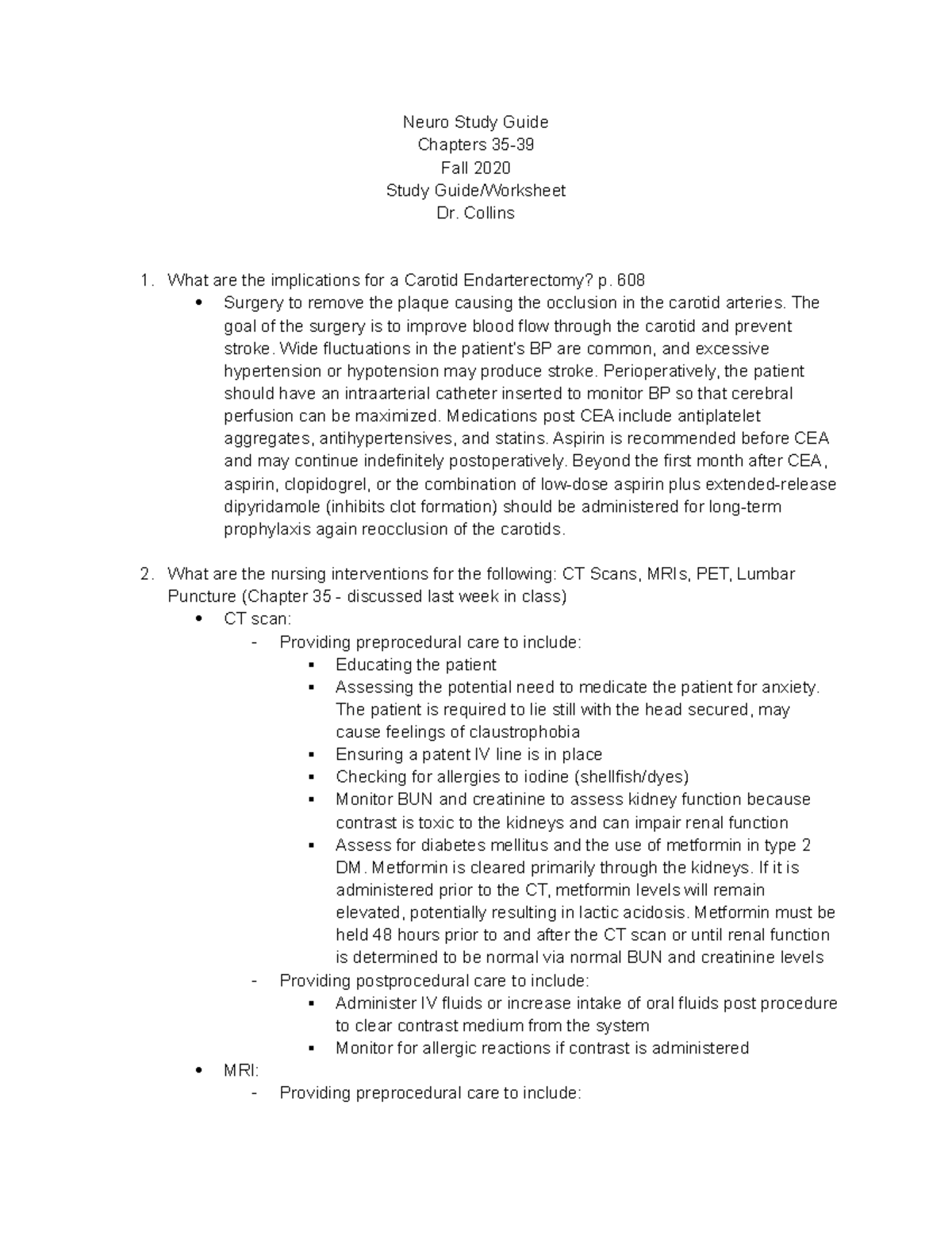 Neuro Worksheet - Neuro Study Guide Chapters 35- Fall 2020 Study Guide ...