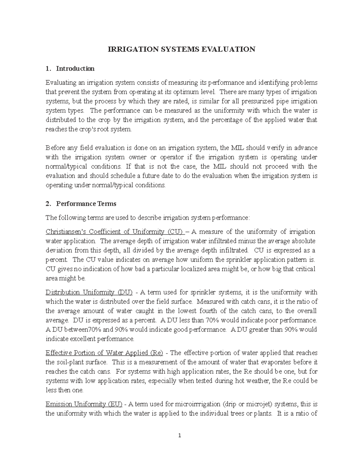 Irrigation Systems Evaluation - IRRIGATION SYSTEMS EVALUATION 1 ...