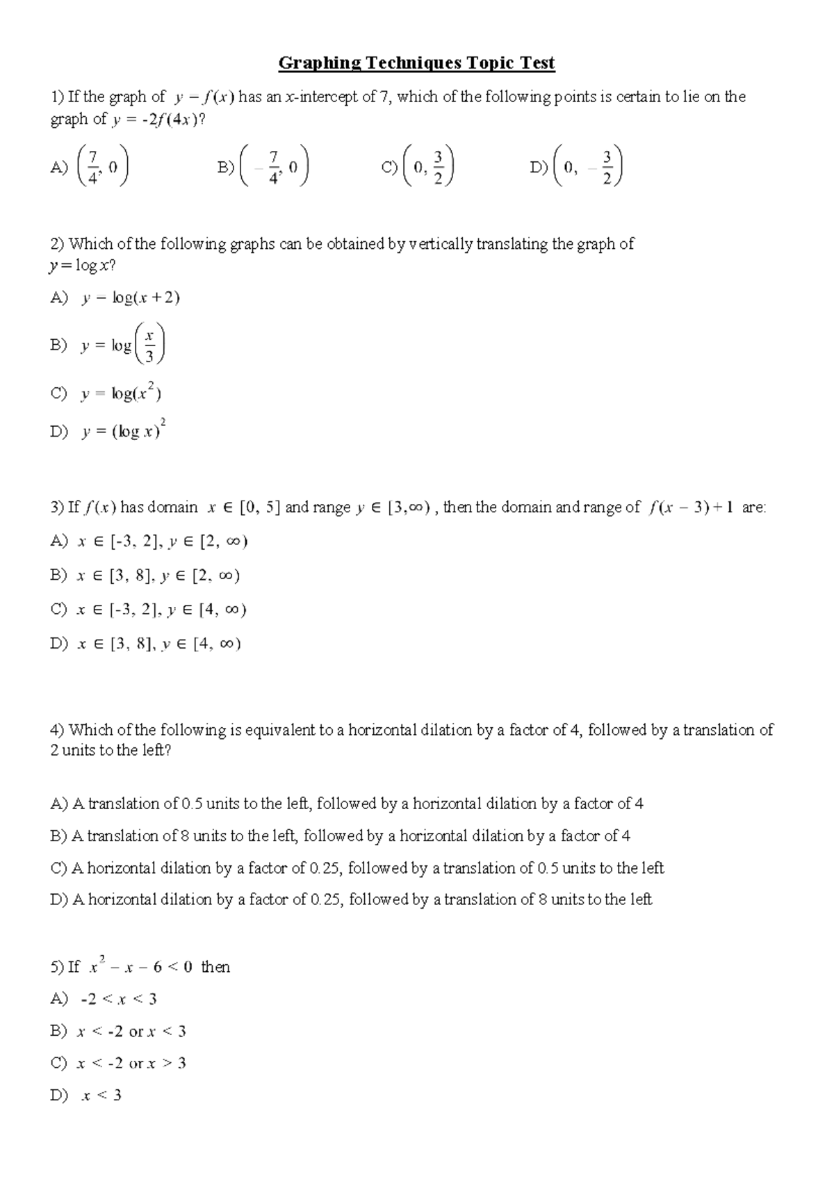 Graphing Techniques Topic Test solutions - Graphing Techniques Topic ...