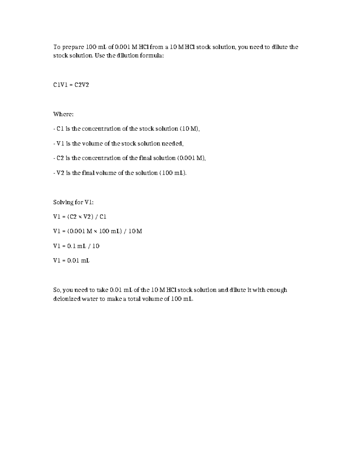 HCl Dilution Normal Font - To prepare 100 mL of 0 M HCl from a 10 M HCl ...