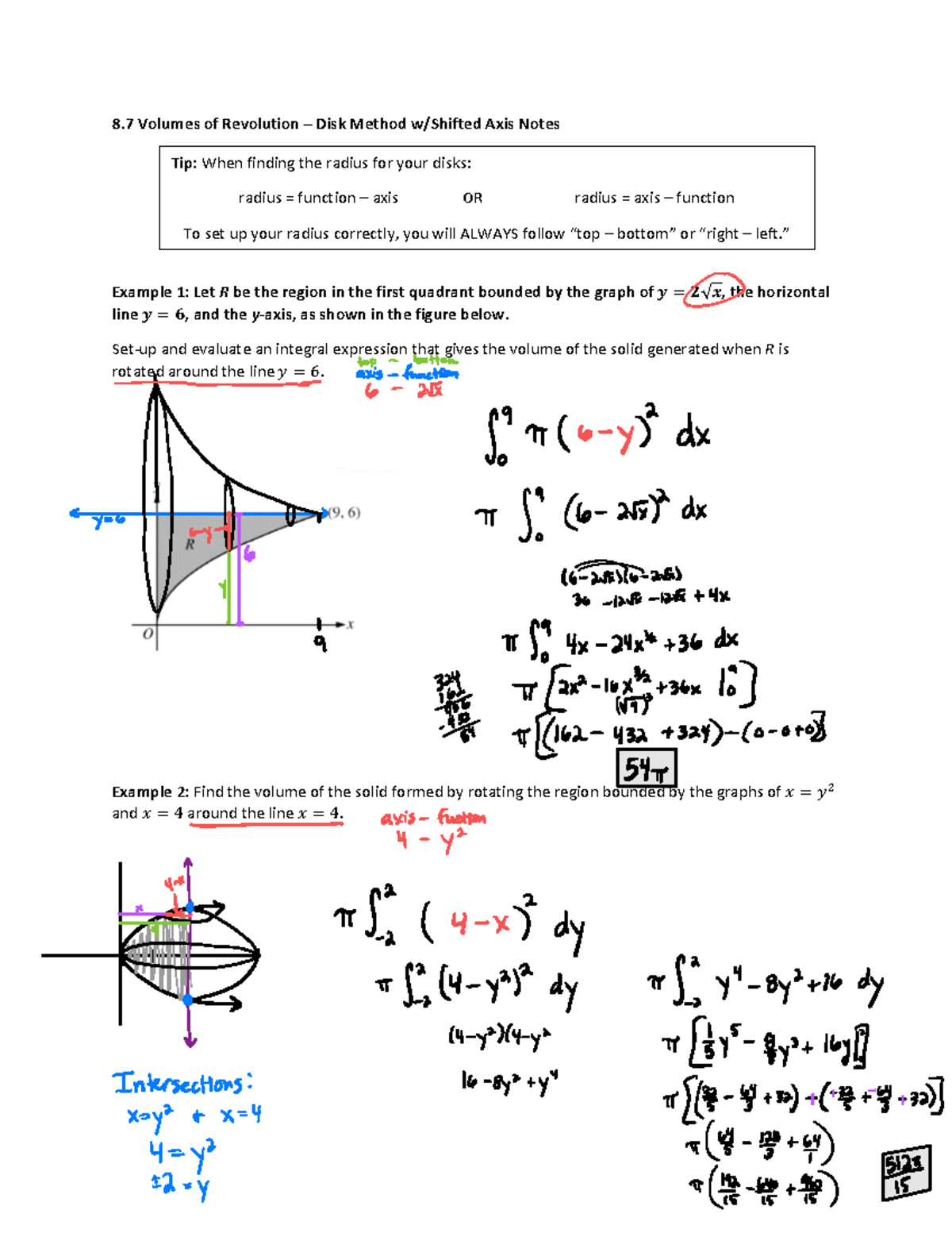 8.7 Volumes of Revolution Disk Method - Shifted Axis Notes - 8 Volumes ...