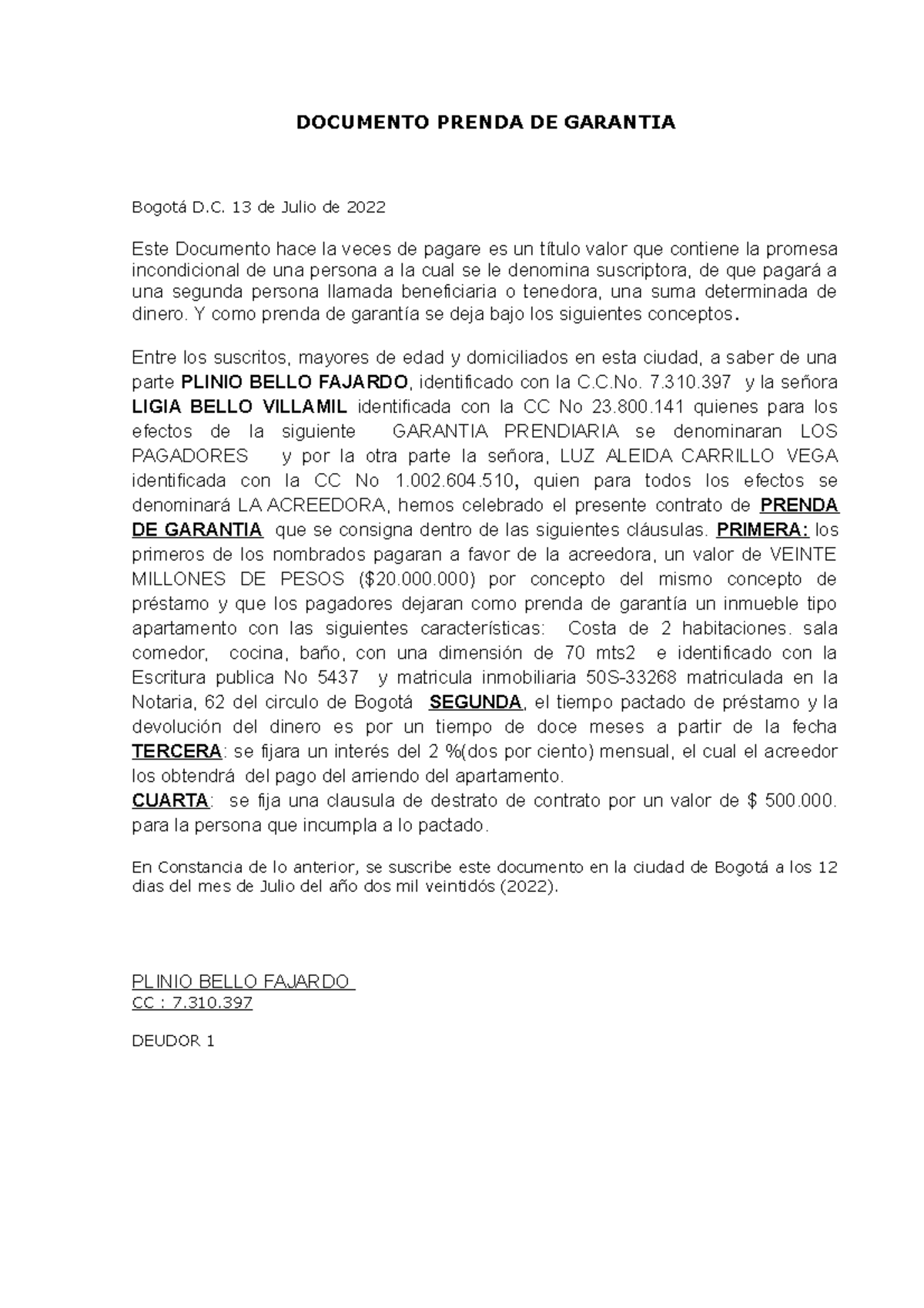 Documento Prenda DE Garantia 1 - DOCUMENTO PRENDA DE GARANTIA Bogotá D ...