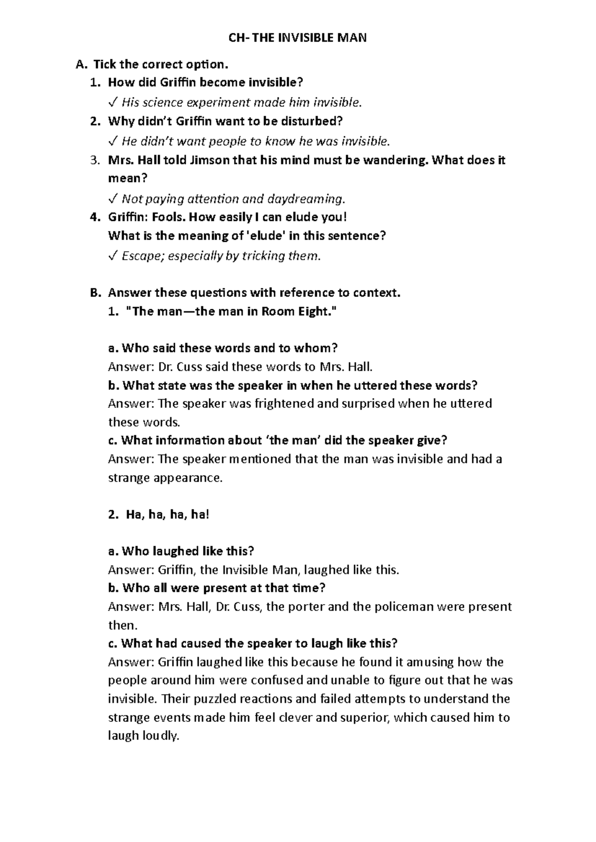 CH-The Invisible Man - CH- THE INVISIBLE MAN A. Tick the correct option ...