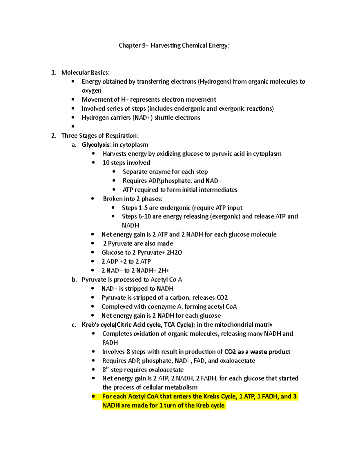 Chapter 9 notes - Chapter 9- Harvesting Chemical Energy: Molecular ...