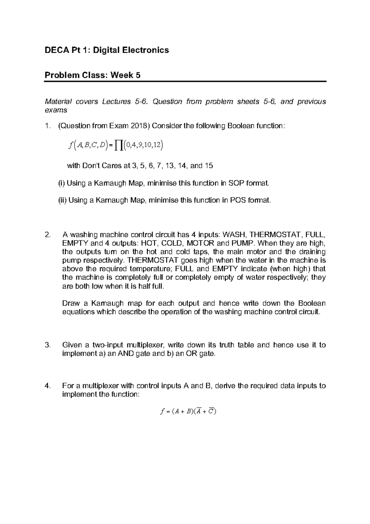 Problem classes 5-6 (Week 5) - DECA Pt 1: Digital Electronics Problem Class: Week 5 Material ...