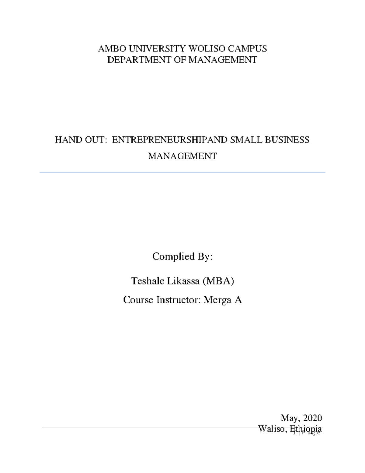 Entrepreneurship for IS - AMBO UNIVERSITY WOLISO CAMPUS DEPARTMENT OF ...