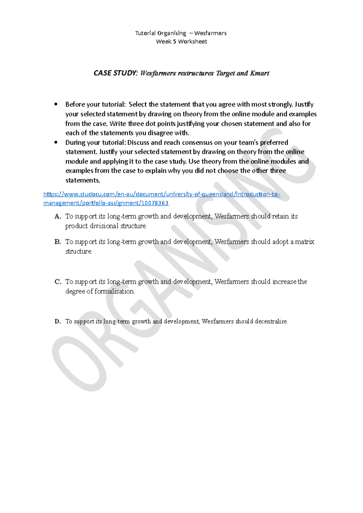 Week 5 tutorial worksheet - Tutorial Organising – Wesfarmers Week 5 ...