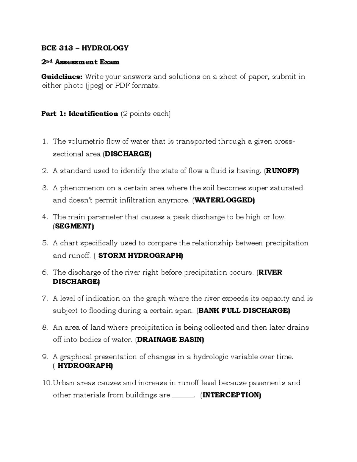 EXAM2 Hydro 5254 - BCE 313 – HYDROLOGY 2 nd Assessment Exam Guidelines ...
