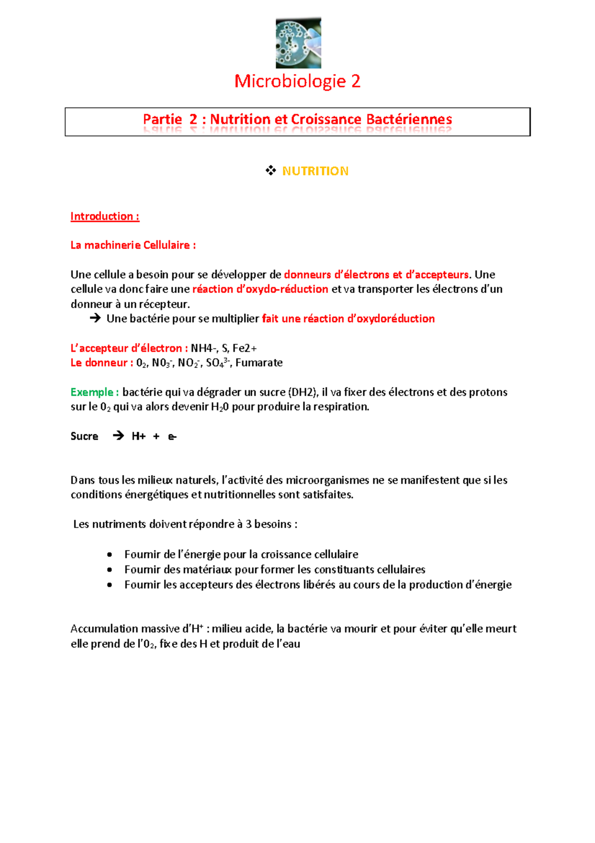 Microbiologie MB chap 3 tapé - Microbiologie 2 Partie 2 : Nutrition et Croissance Bactériennes ...