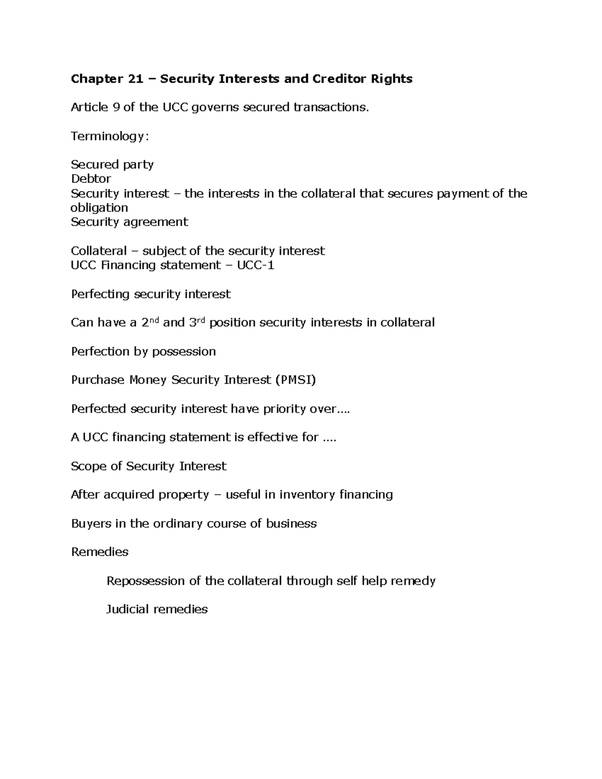 Chapter 21 Lecture Notes Outline - Chapter 21 – Security Interests and ...