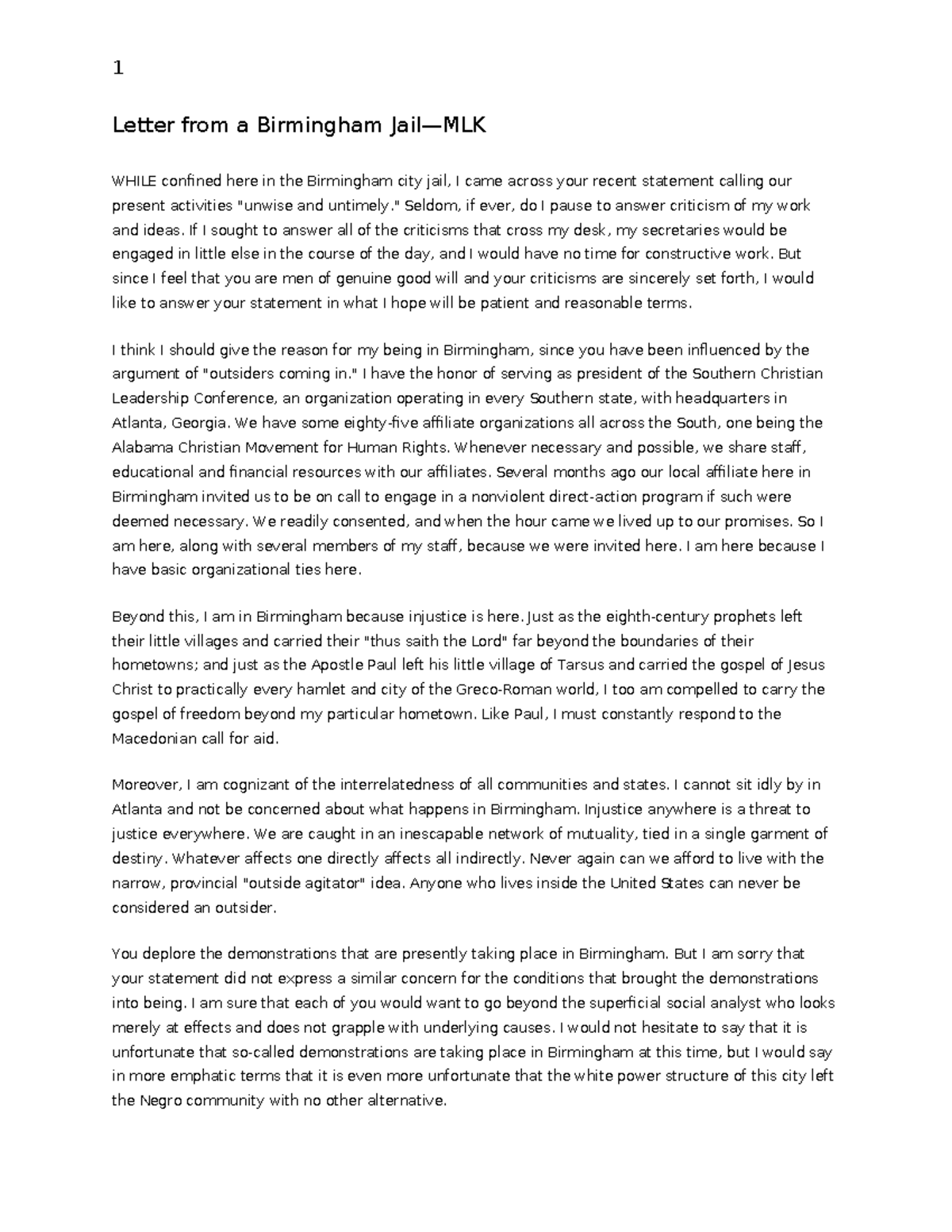 Letter from a Birmingham Jail - Letter from a Birmingham Jail—MLK WHILE ...