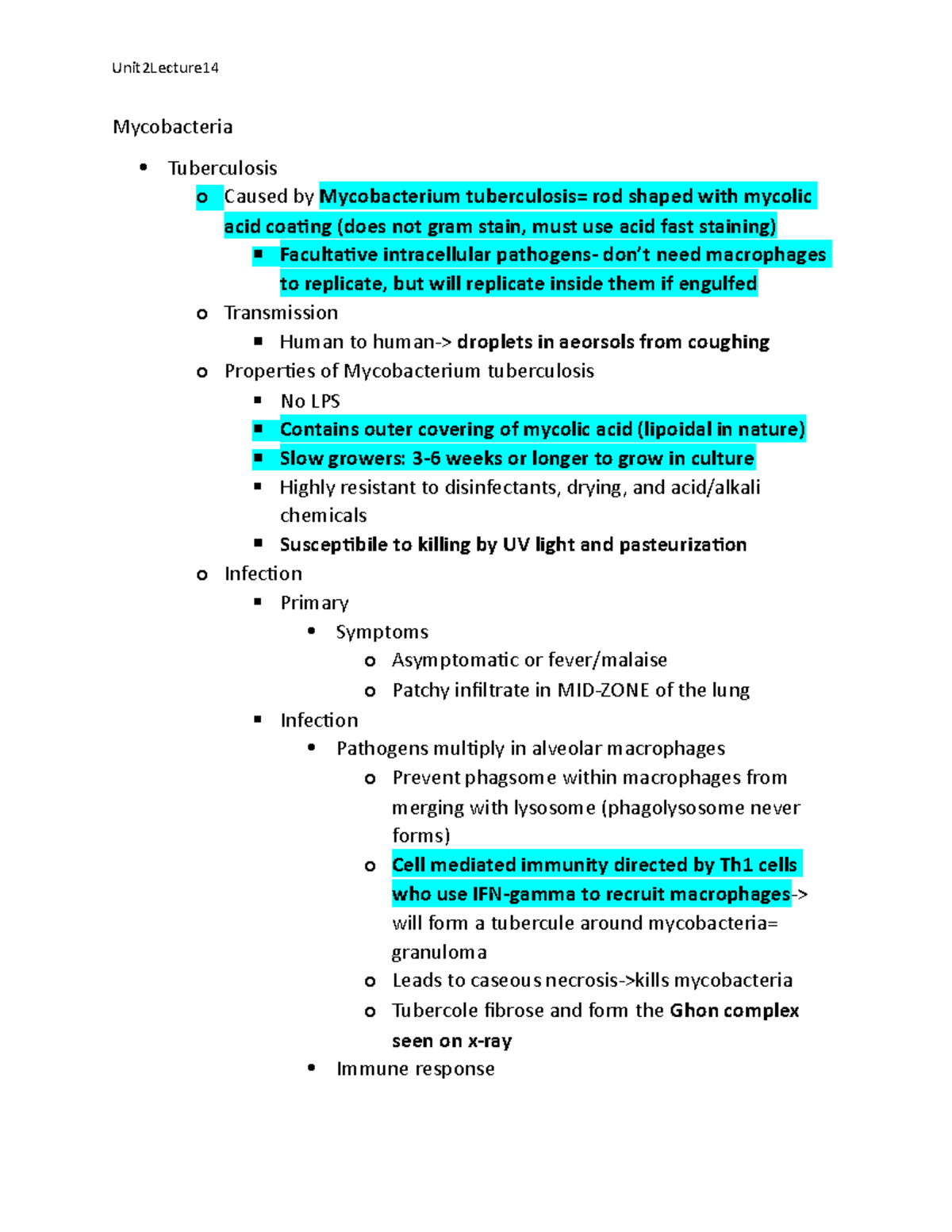 Unit2Lecture 14Myco Bac TB - Unit2Lecture Mycobacteria Tuberculosis o ...