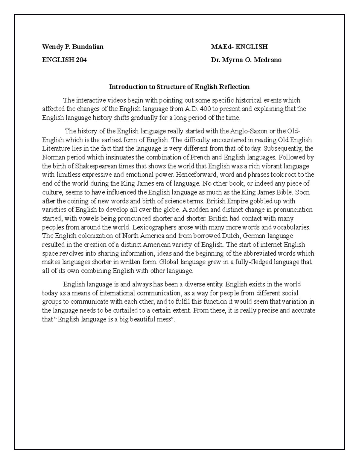 Bundalian- Intro TO Structure OF English Language Reflection - Wendy P ...