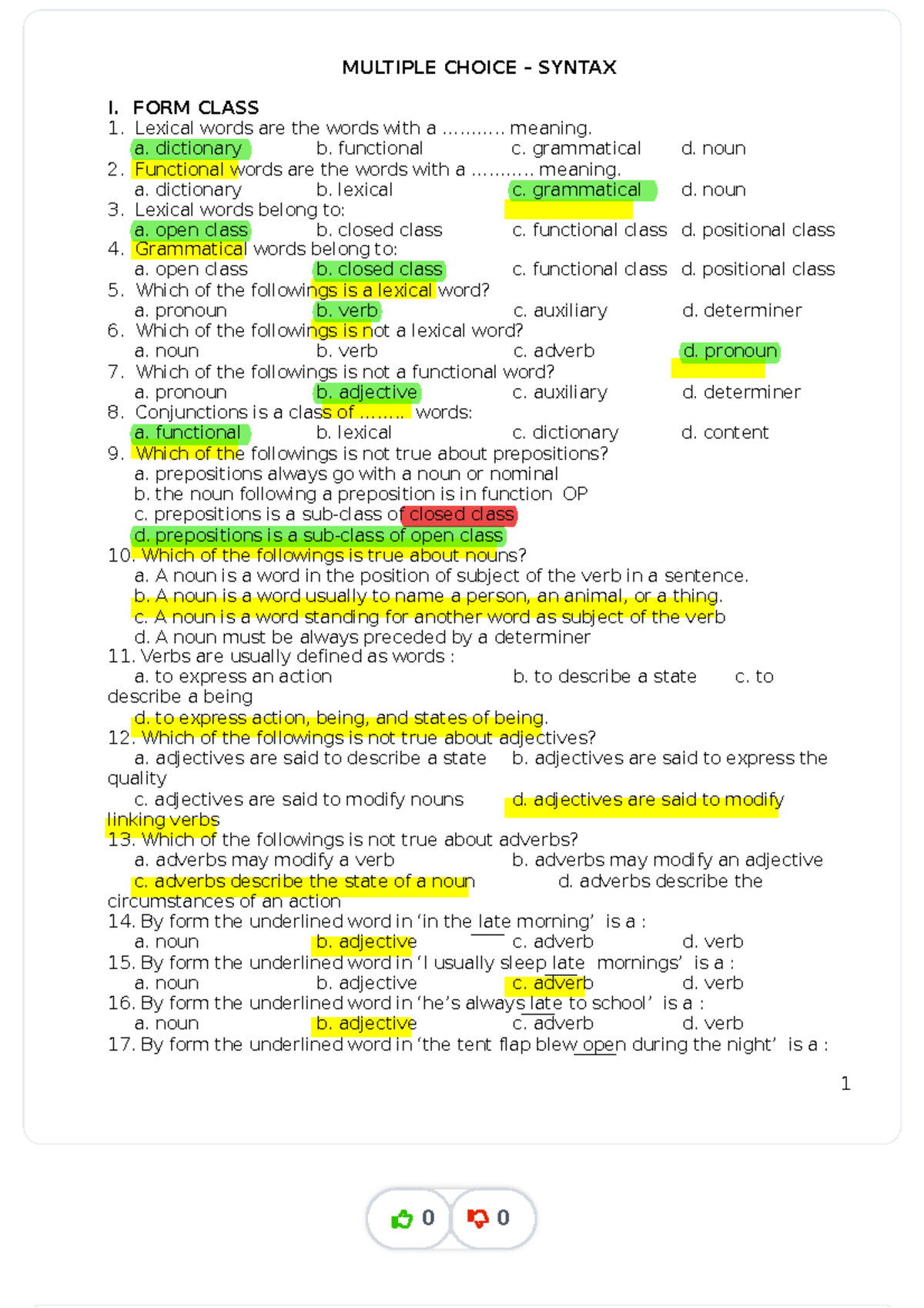 Syntax Practice Test - MULTIPLE CHOICE – SYNTAX I. FORM CLASS Lexical ...