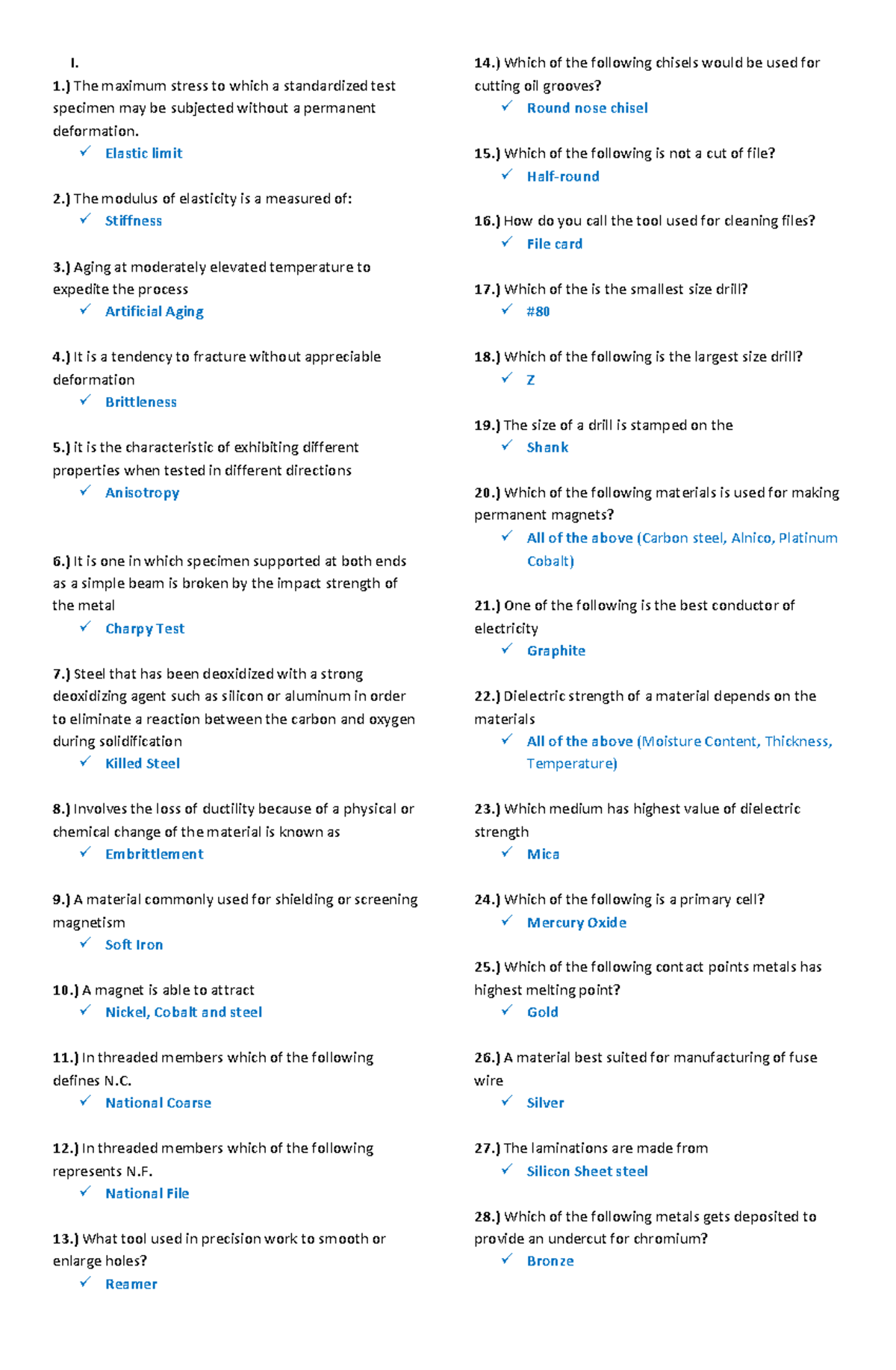 Mechanical Engineering Elements - I. 1.) The maximum stress to which a ...
