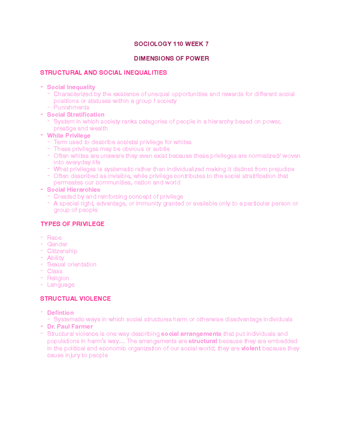 Socio week 7 - SOCIOLOGY 110 WEEK 7 DIMENSIONS OF POWER STRUCTURAL AND ...