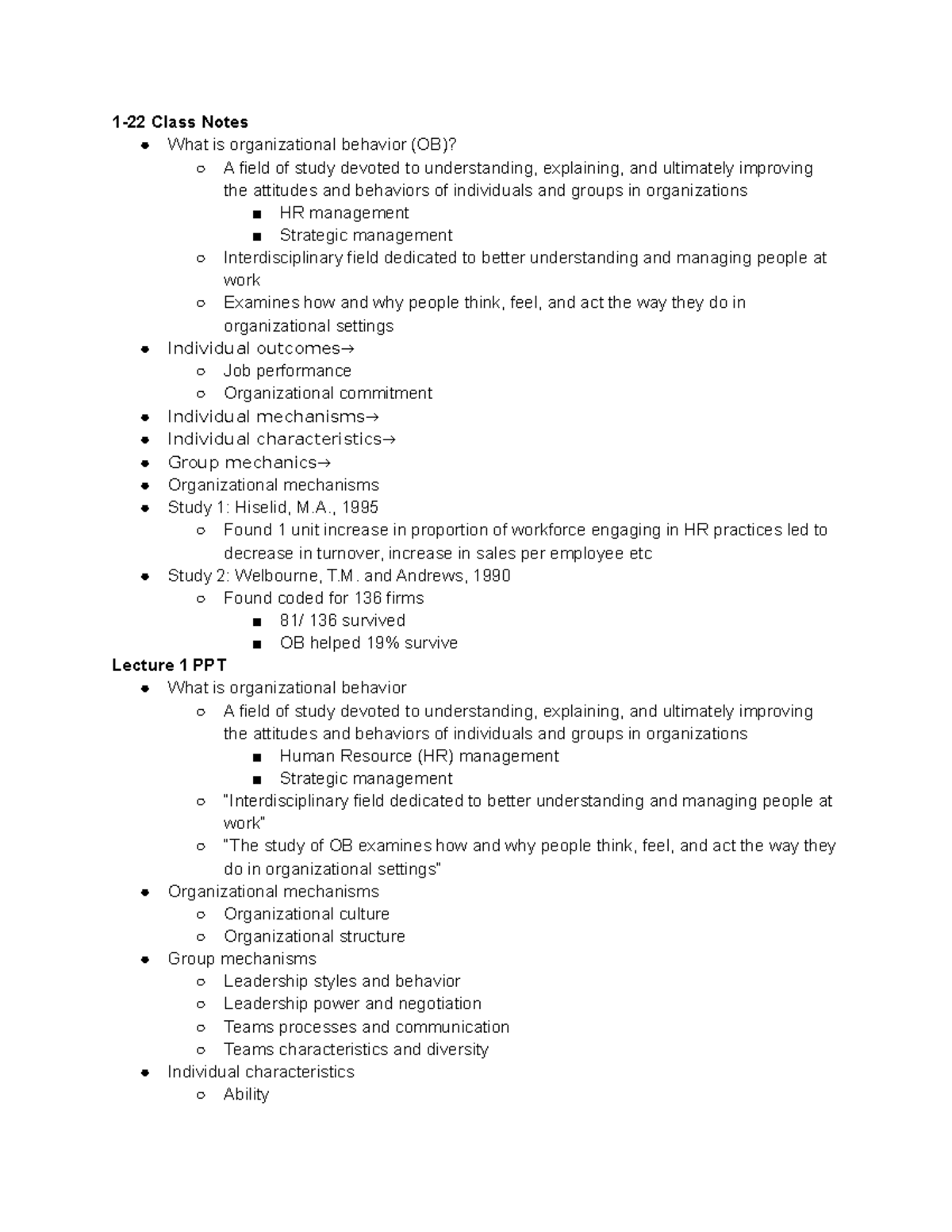 MGMT 3101 Notes - Elizabeth Klock - 1-22 Class Notes What is ...