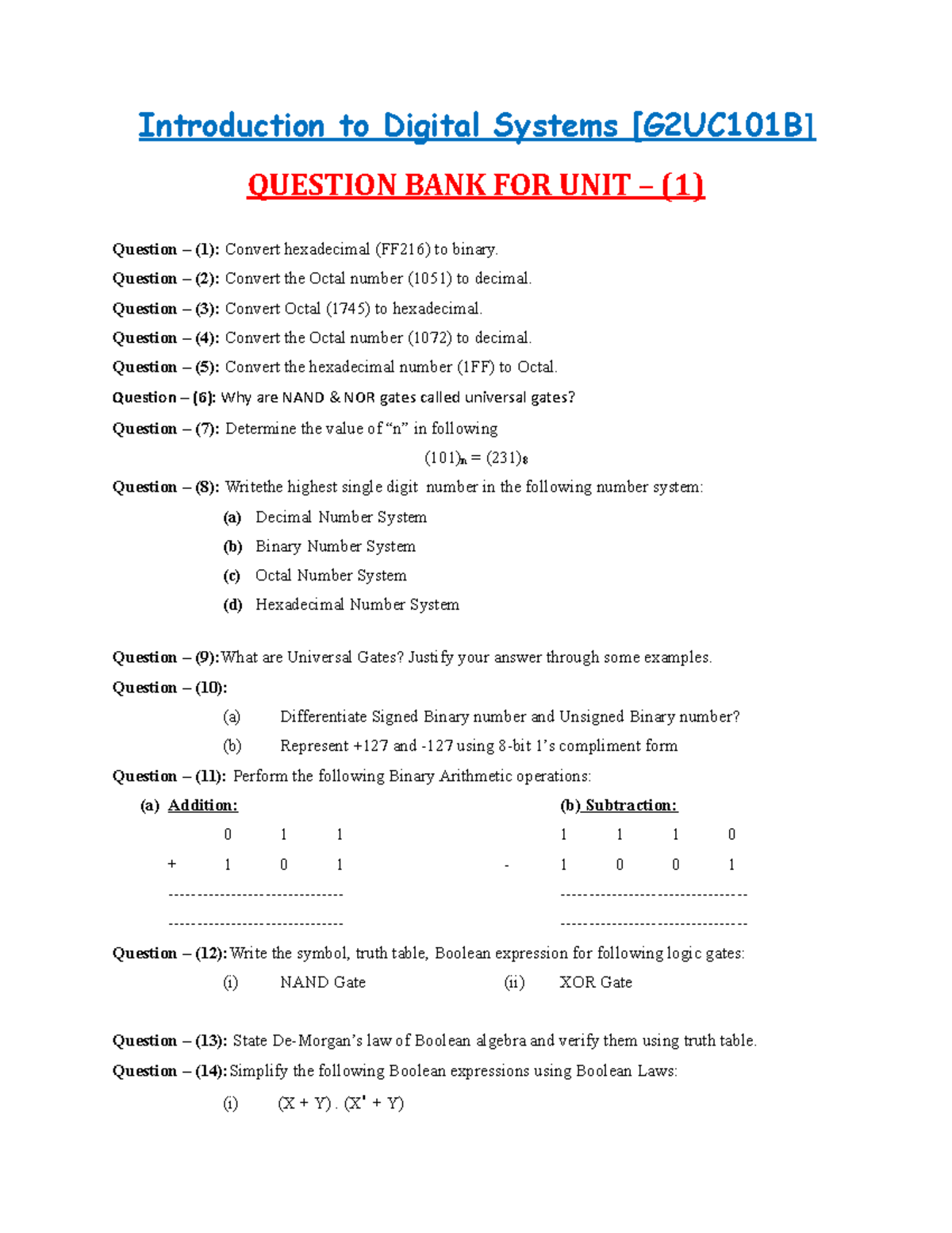 Question Bank of IDS-UNIT - Introduction to Digital Systems [G2UC101B ...