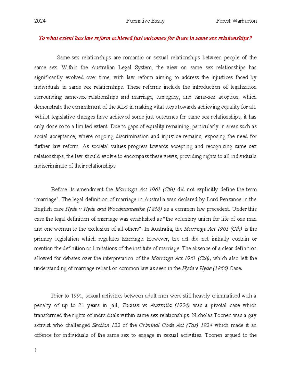 Legal Studies Essay- Same Sex Relationships - To what extent has law ...