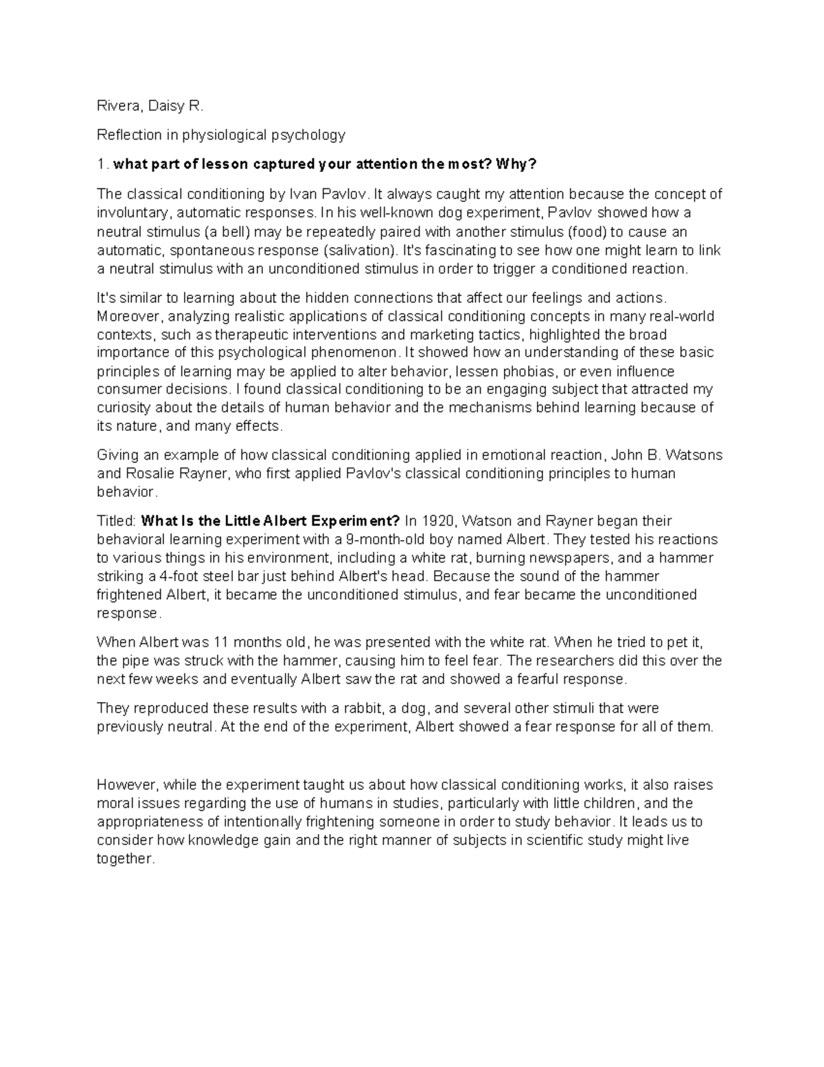 Reflection BIO PSY M5 - Rivera, Daisy R. Reflection in physiological ...