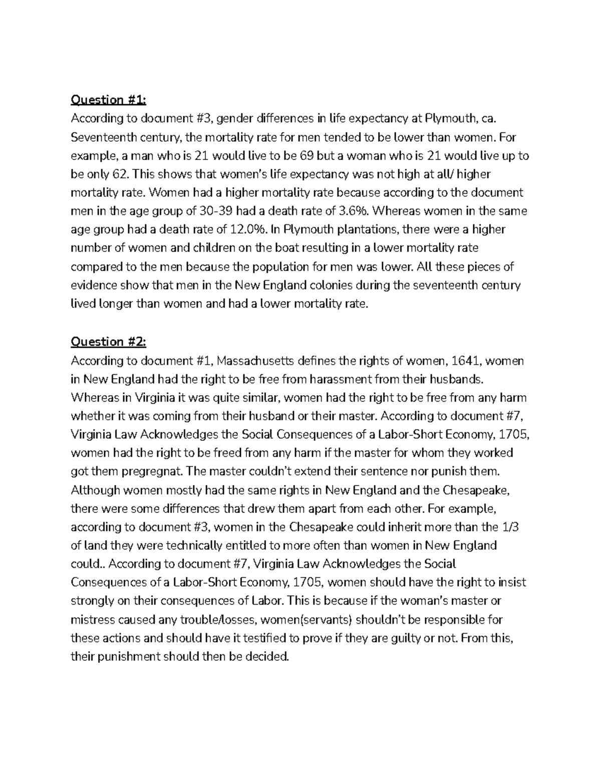 Apush - Class notes - Question #1: According to document #3, gender ...
